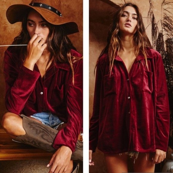 Tops | Burgundy Velvet Button Down Bohemian Shirt Jacket New | Poshmark